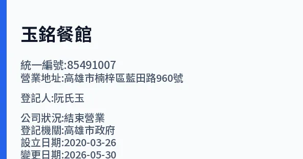 玉銘餐館的照片-統編 85491007(高雄市) 公司登記資料與營業項目詳細圖表