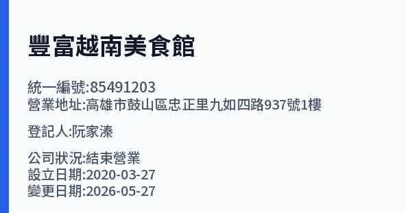 豐富越南美食館的照片-統編 85491203(高雄市) 公司登記資料與營業項目詳細圖表