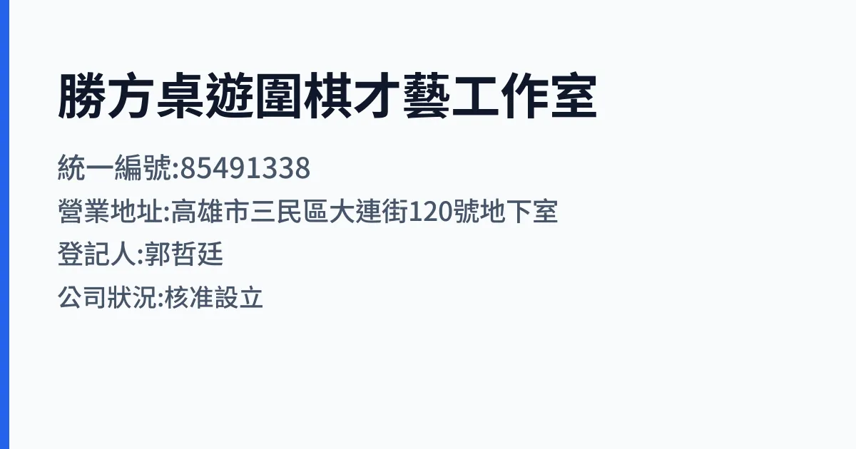 勝方桌遊圍棋才藝工作室 - 統編 85491338(高雄市) 公司登記資料與營業項目詳細圖表