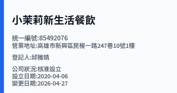 小茉莉新生活餐飲的照片-統編 85492076(高雄市) 公司登記資料與營業項目詳細圖表