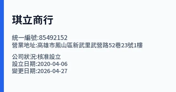 琪立商行的照片-統編 85492152(高雄市) 公司登記資料與營業項目詳細圖表