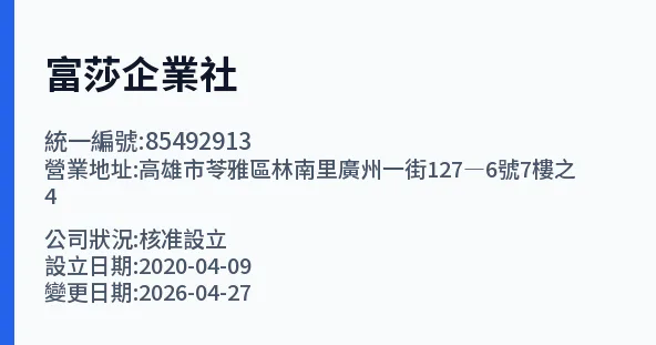 富莎企業社的照片-統編 85492913(高雄市) 公司登記資料與營業項目詳細圖表