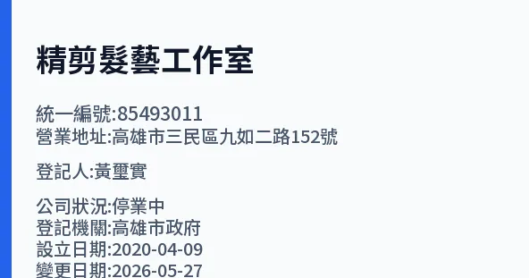 精剪髮藝工作室的照片-統編 85493011(高雄市) 公司登記資料與營業項目詳細圖表