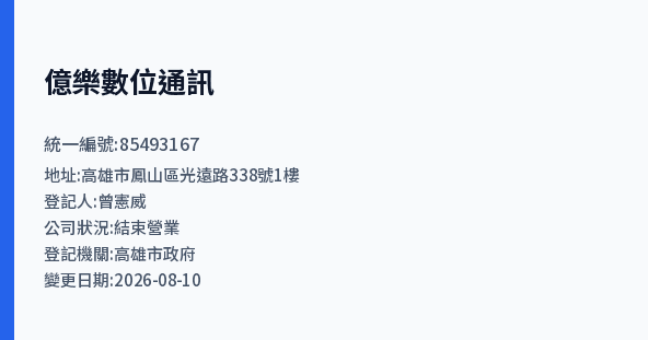 億樂數位通訊的照片-統編 85493167(高雄市) 公司登記資料與營業項目詳細圖表
