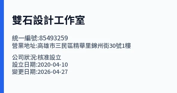 雙石設計工作室的照片-統編 85493259(高雄市) 公司登記資料與營業項目詳細圖表