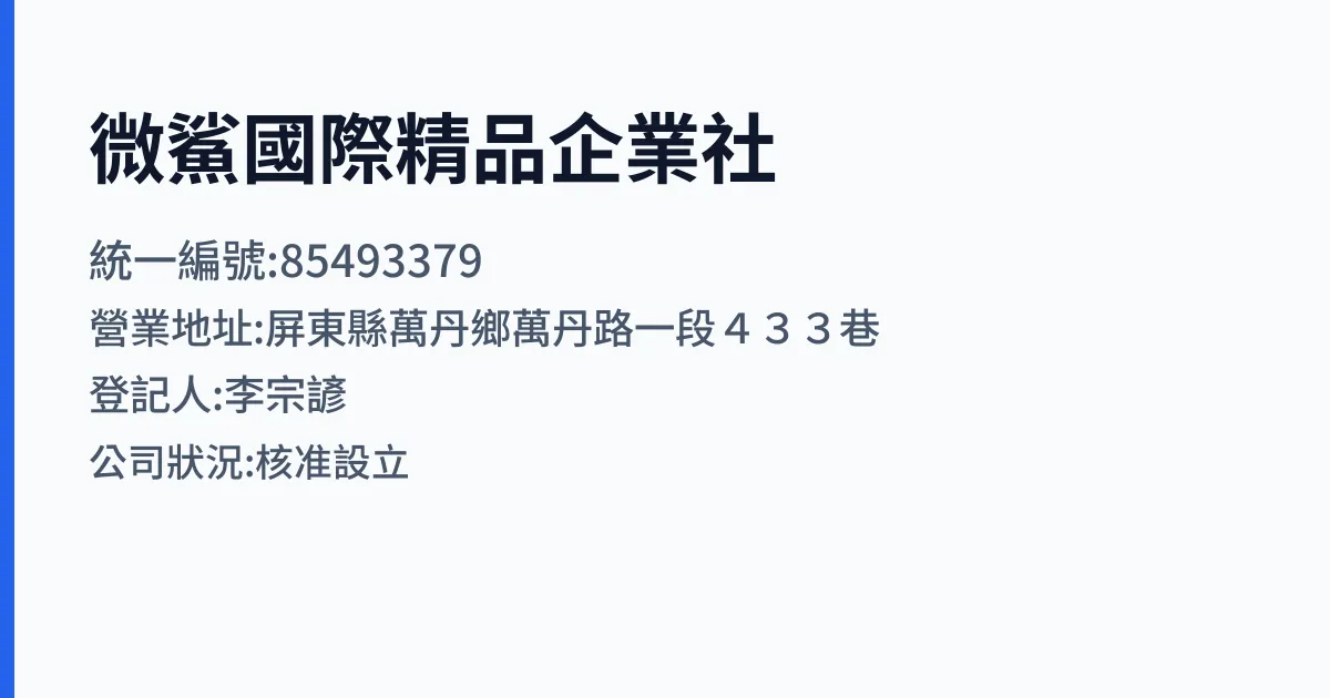 微鯊國際精品企業社 - 統編 85493379(高雄市) 公司登記資料與營業項目詳細圖表