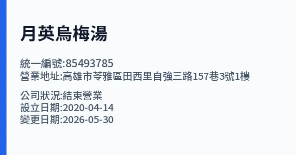 月英烏梅湯的照片-統編 85493785(高雄市) 公司登記資料與營業項目詳細圖表