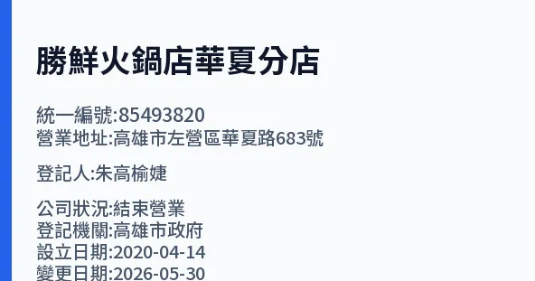 勝鮮火鍋店華夏分店的照片-統編 85493820(高雄市) 公司登記資料與營業項目詳細圖表
