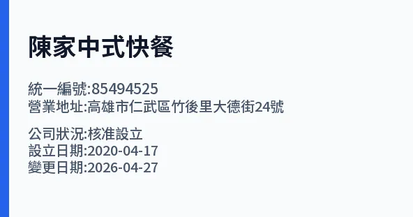 陳家中式快餐的照片-統編 85494525(高雄市) 公司登記資料與營業項目詳細圖表