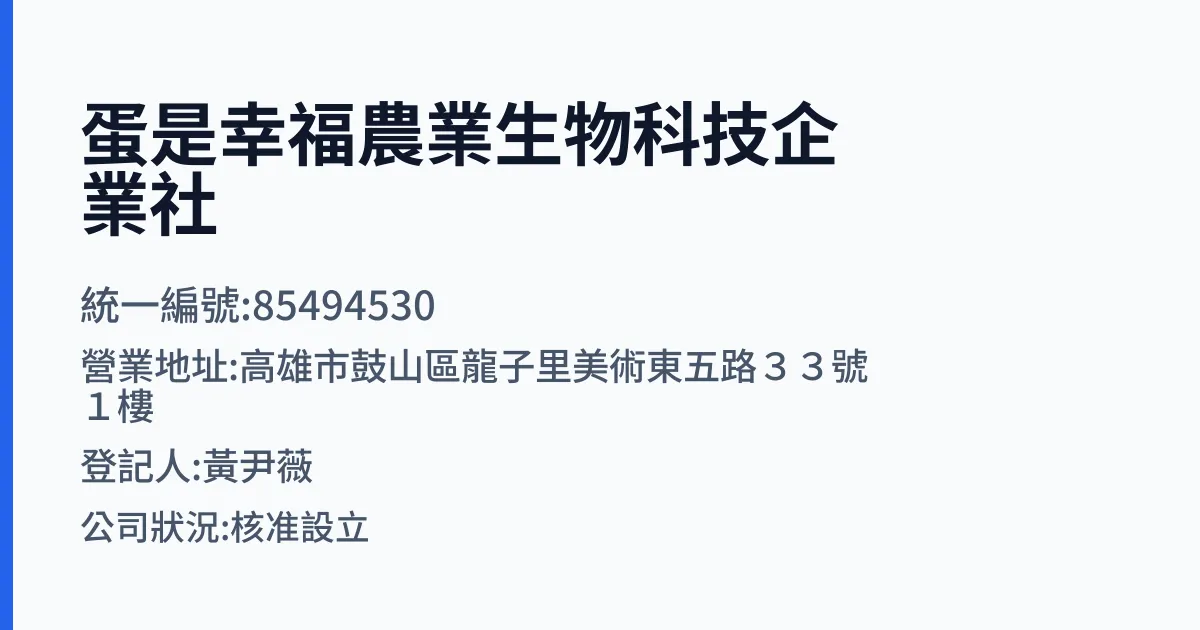 蛋是幸福農業生物科技企業社 - 統編 85494530 (高雄市) 公司登記資料與營業項目詳細圖表