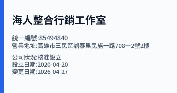 海人整合行銷工作室的照片-統編 85494840(高雄市) 公司登記資料與營業項目詳細圖表