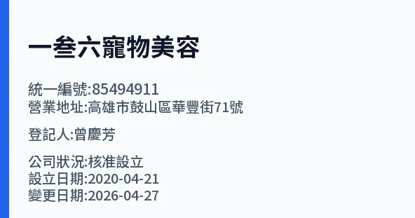 一叁六寵物美容的照片-統編 85494911(高雄市) 公司登記資料與營業項目詳細圖表