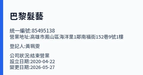 巴黎髮藝的照片-統編 85495138(高雄市) 公司登記資料與營業項目詳細圖表