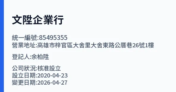 文陞企業行的照片-統編 85495355(高雄市) 公司登記資料與營業項目詳細圖表