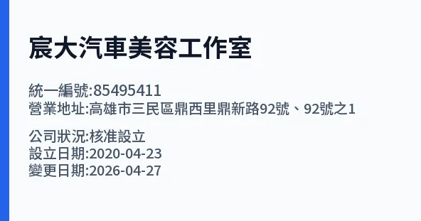宸大汽車美容工作室的照片-統編 85495411(高雄市) 公司登記資料與營業項目詳細圖表