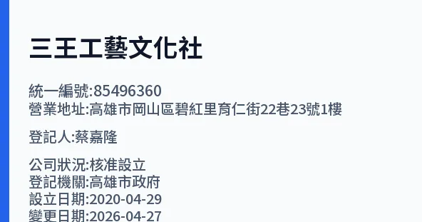 三王工藝文化社的照片-統編 85496360(高雄市) 公司登記資料與營業項目詳細圖表