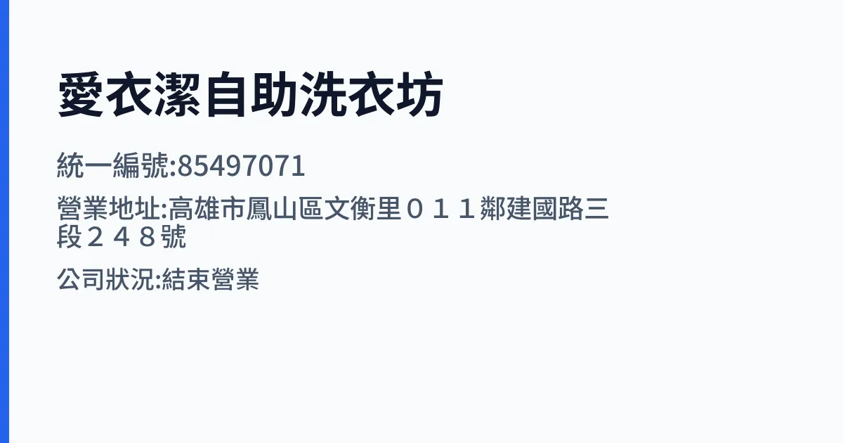 愛衣潔自助洗衣坊 - 統編 85497071(高雄市) 公司登記資料與營業項目詳細圖表