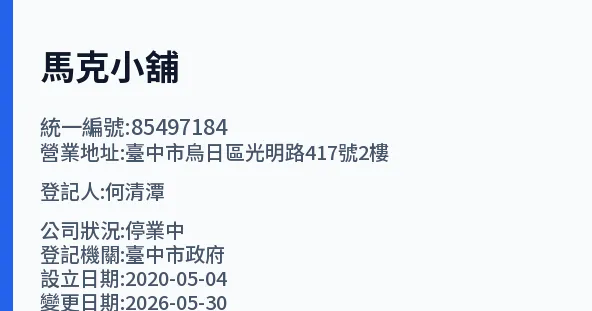 馬克小舖的照片-統編 85497184(臺中市) 公司登記資料與營業項目詳細圖表