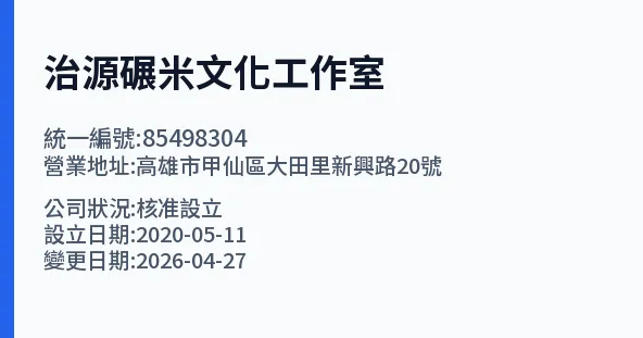 治源碾米文化工作室的照片-統編 85498304(高雄市) 公司登記資料與營業項目詳細圖表