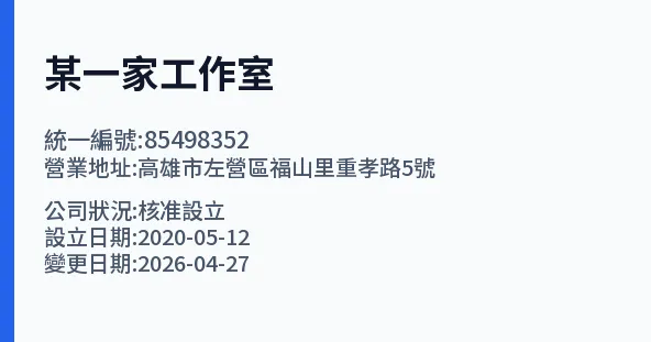 某一家工作室的照片-統編 85498352(高雄市) 公司登記資料與營業項目詳細圖表