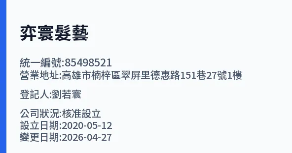 弈寰髮藝的照片-統編 85498521(高雄市) 公司登記資料與營業項目詳細圖表