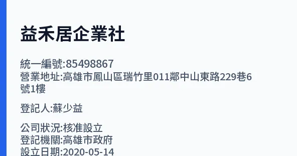 益禾居企業社的照片-統編 85498867(高雄市) 公司登記資料與營業項目詳細圖表