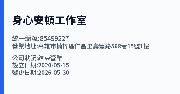 身心安頓工作室的照片-統編 85499227(高雄市) 公司登記資料與營業項目詳細圖表