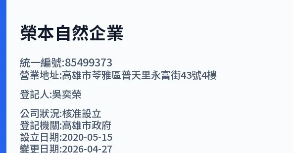 榮本自然企業的照片-統編 85499373(高雄市) 公司登記資料與營業項目詳細圖表