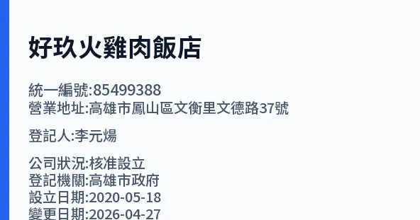 好玖火雞肉飯店的照片-統編 85499388(高雄市) 公司登記資料與營業項目詳細圖表