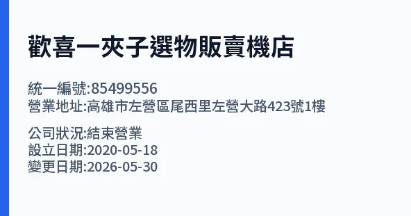 歡喜一夾子選物販賣機店的照片-統編 85499556(高雄市) 公司登記資料與營業項目詳細圖表