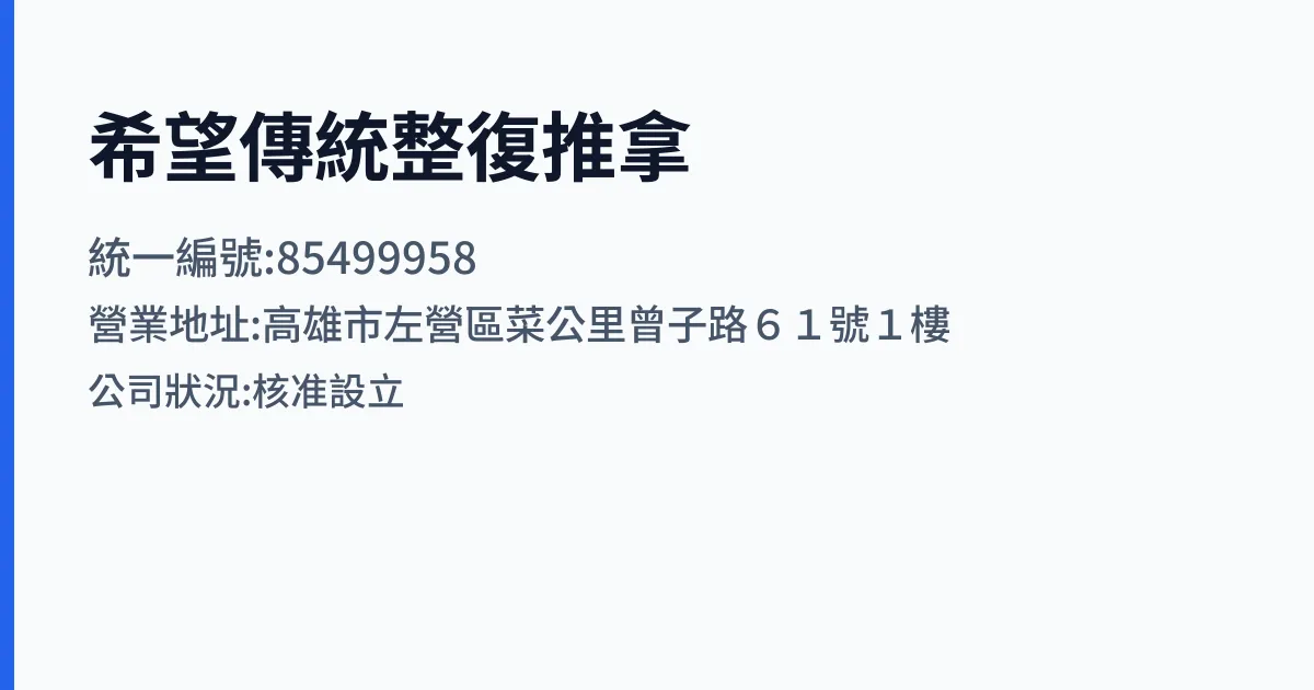 希望傳統整復推拿 - 統編 85499958(高雄市) 公司登記資料與營業項目詳細圖表