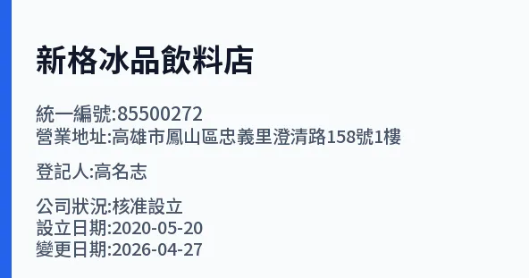 新格冰品飲料店的照片-統編 85500272(高雄市) 公司登記資料與營業項目詳細圖表