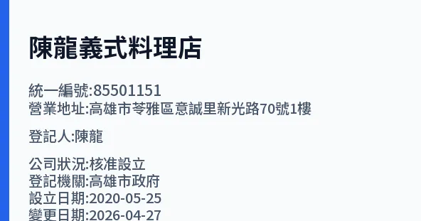 陳龍義式料理店的照片-統編 85501151(高雄市) 公司登記資料與營業項目詳細圖表