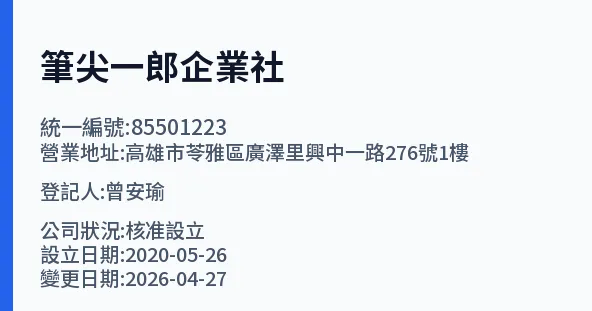 筆尖一郎企業社的照片-統編 85501223(高雄市) 公司登記資料與營業項目詳細圖表