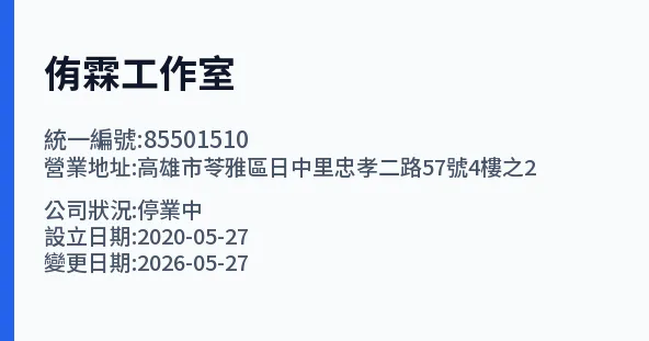 侑霖工作室的照片-統編 85501510(高雄市) 公司登記資料與營業項目詳細圖表