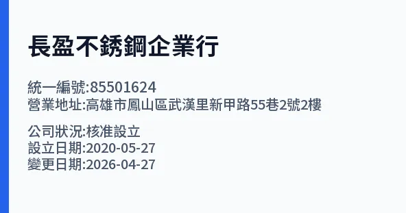 長盈不銹鋼企業行的照片-統編 85501624(高雄市) 公司登記資料與營業項目詳細圖表