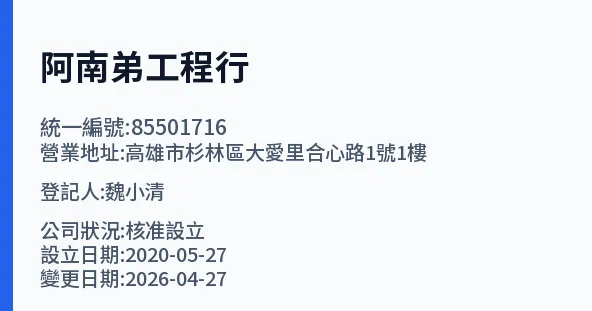阿南弟工程行的照片-統編 85501716(高雄市) 公司登記資料與營業項目詳細圖表