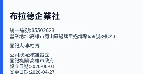 布拉德企業社的照片-統編 85502623(高雄市) 公司登記資料與營業項目詳細圖表