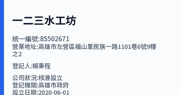 一二三水工坊的照片-統編 85502671(高雄市) 公司登記資料與營業項目詳細圖表