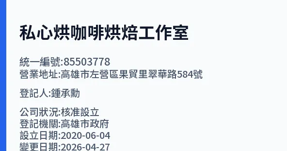 私心烘咖啡烘焙工作室的照片-統編 85503778(高雄市) 公司登記資料與營業項目詳細圖表