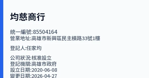 均慈商行的照片-統編 85504164(高雄市) 公司登記資料與營業項目詳細圖表