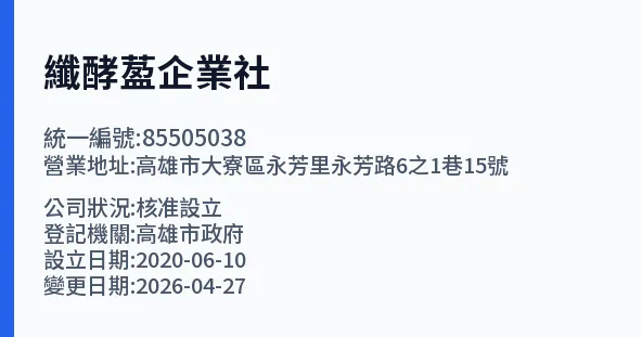 纖酵萾企業社的照片-統編 85505038(高雄市) 公司登記資料與營業項目詳細圖表