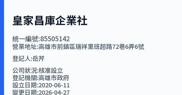 皇家昌庫企業社的照片-統編 85505142(高雄市) 公司登記資料與營業項目詳細圖表