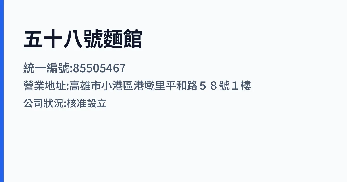 五十八號麵館 - 統編 85505467(高雄市) 公司登記資料與營業項目詳細圖表