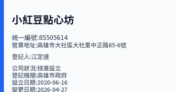 小紅豆點心坊的照片-統編 85505614(高雄市) 公司登記資料與營業項目詳細圖表