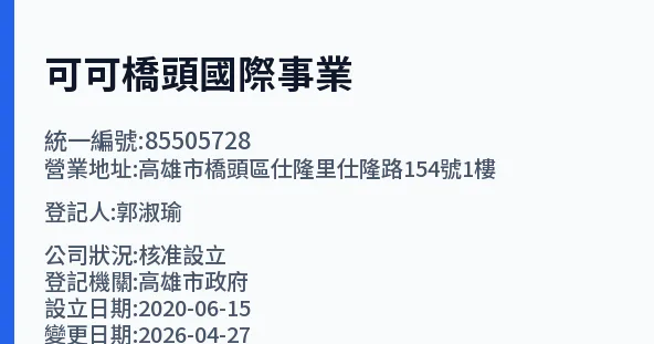 可可橋頭國際事業的照片-統編 85505728(高雄市) 公司登記資料與營業項目詳細圖表