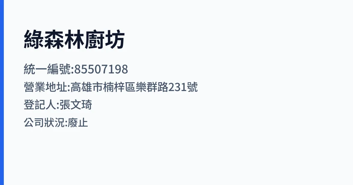 綠森林廚坊 - 統編 85507198(高雄市) 公司登記資料與營業項目詳細圖表