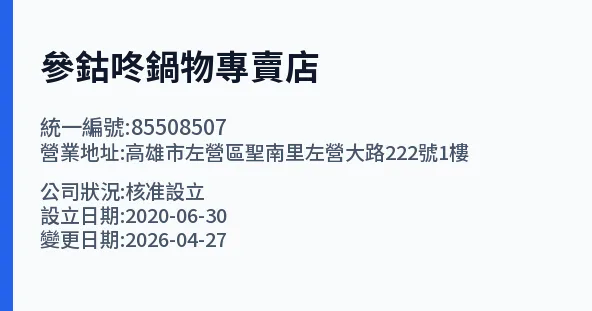 參鈷咚鍋物專賣店的照片-統編 85508507(高雄市) 公司登記資料與營業項目詳細圖表