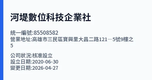 河堤數位科技企業社的照片-統編 85508582(高雄市) 公司登記資料與營業項目詳細圖表