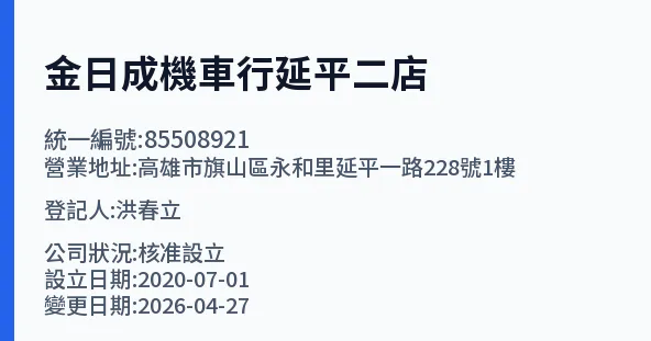 金日成機車行延平二店的照片-統編 85508921(高雄市) 公司登記資料與營業項目詳細圖表